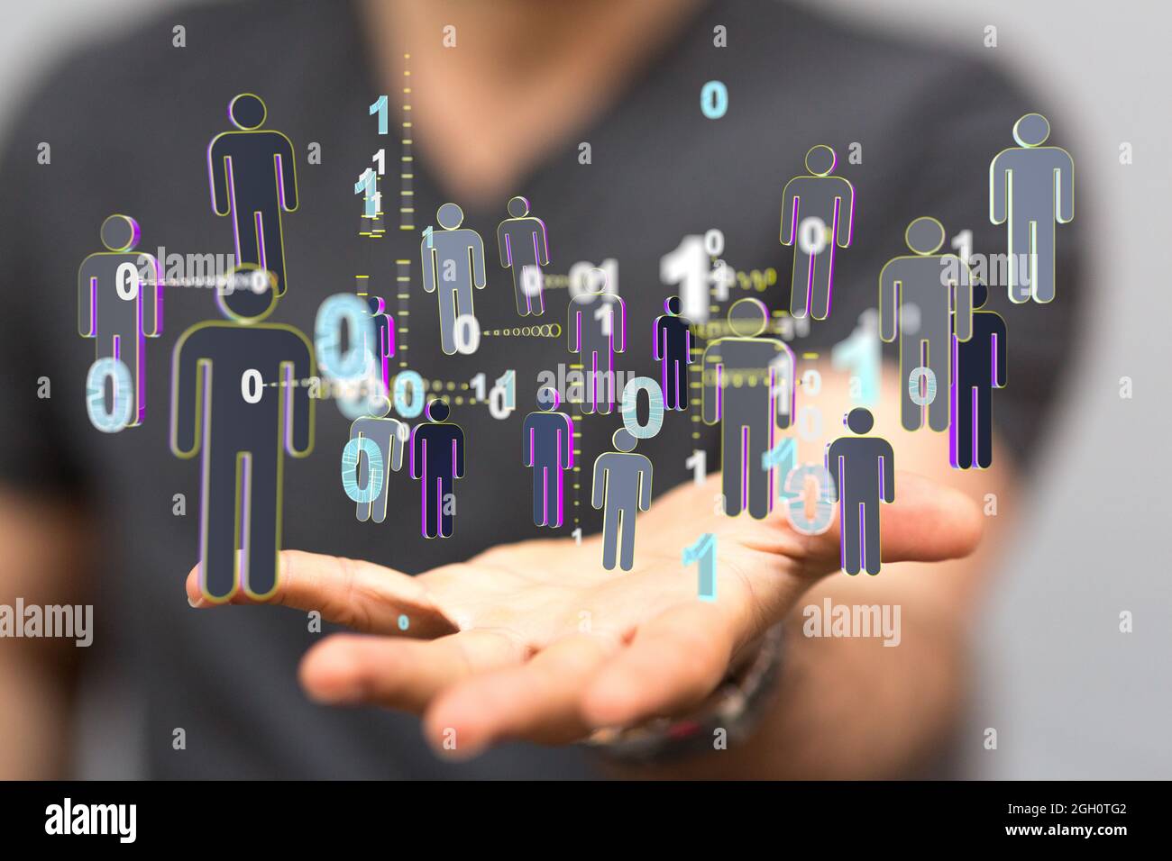 Digital concept of teamwork and partnership, floating profile signs on ...