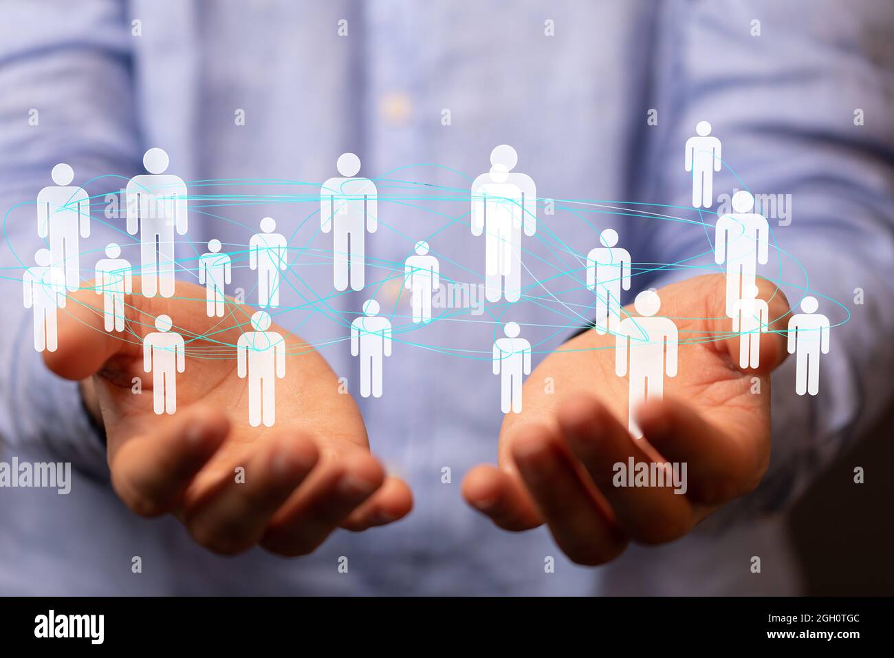 Digital concept of teamwork and partnership, floating profile signs on ...