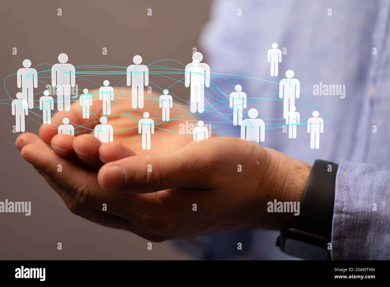 Digital concept of teamwork and partnership, floating profile signs on ...