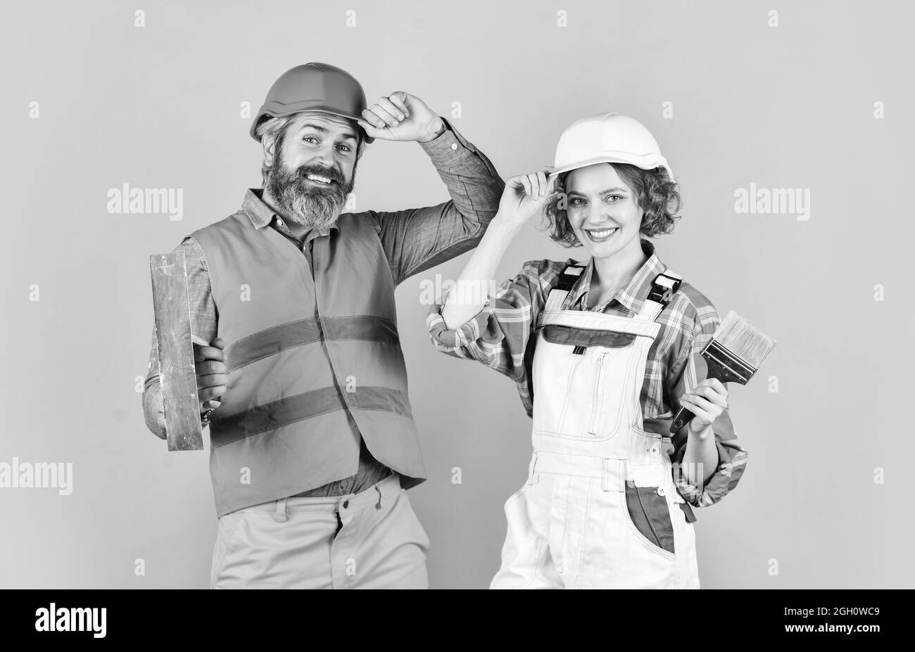 Pick color. DIY repair. Construction workers. Home renovation. Cheerful ...
