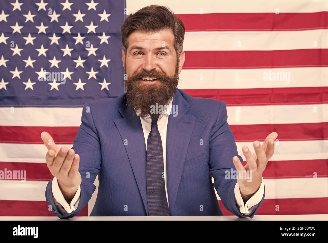 Man american presenter anchorman in studio, public speech Stock Photo ...