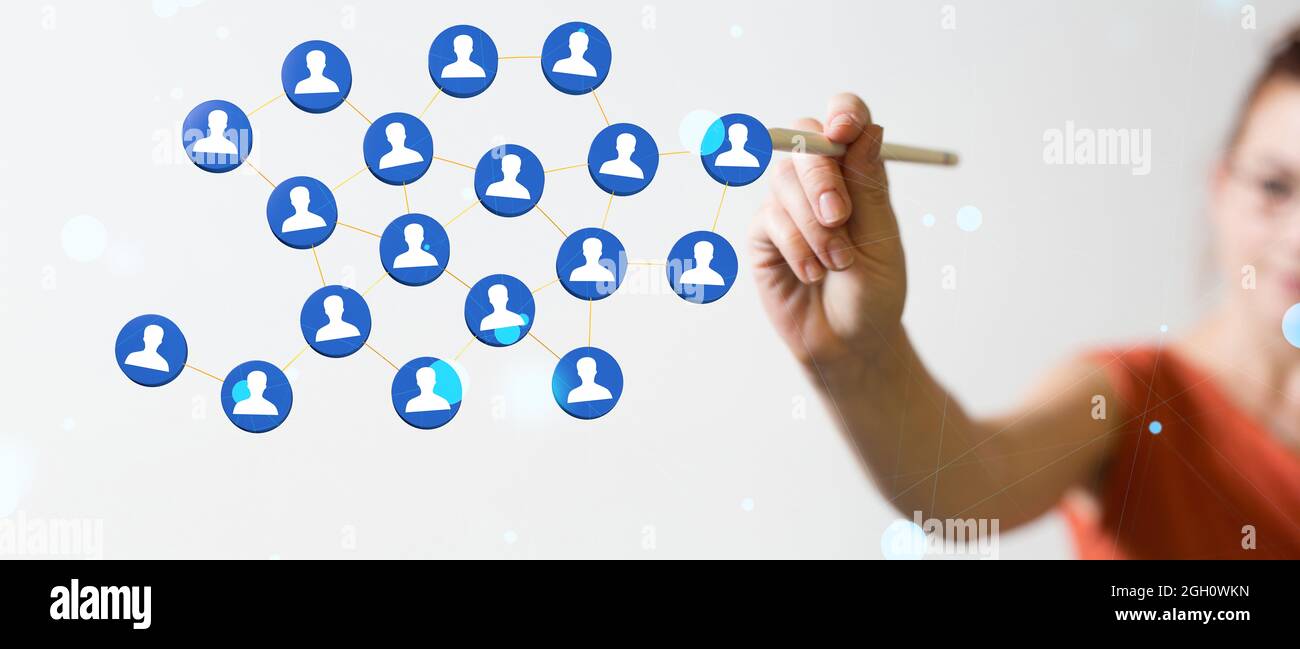 Digital concept of conference teamwork connection, floating profile ...