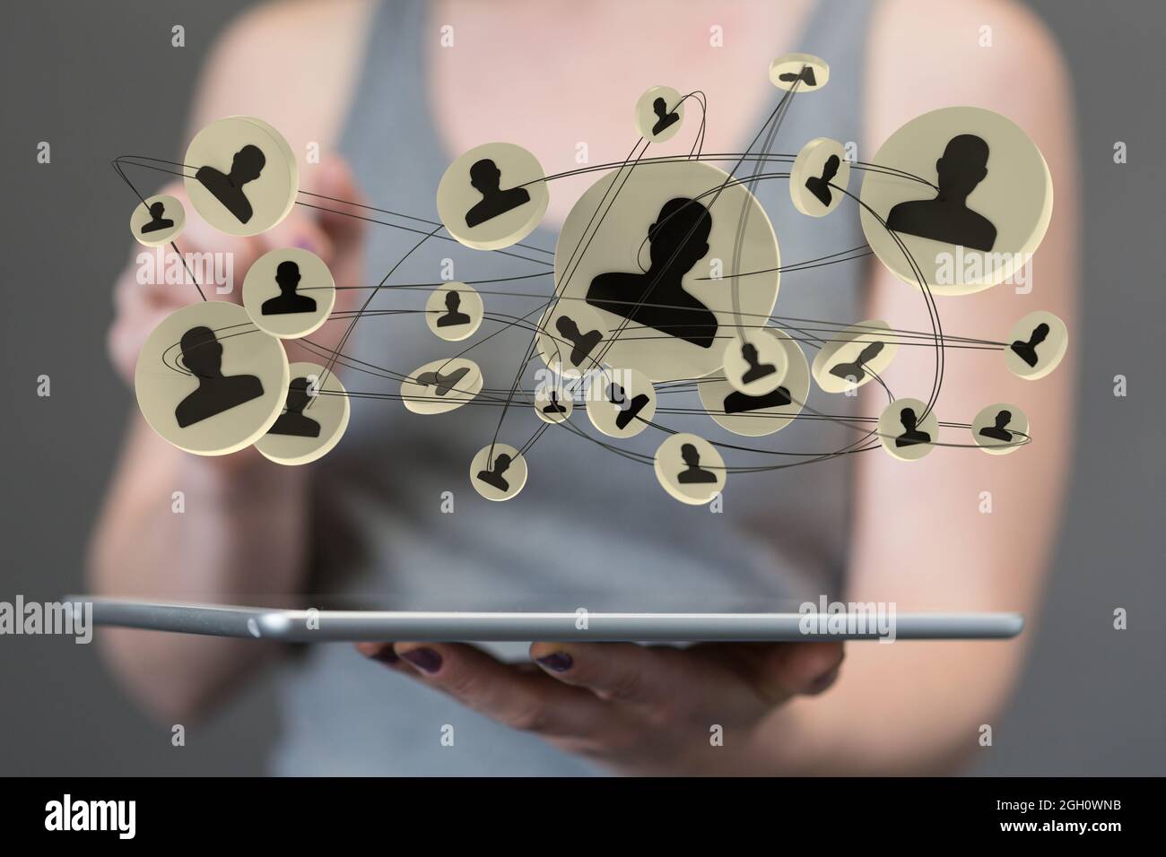 Business people silhouettes network team, floating profile signs out of ...