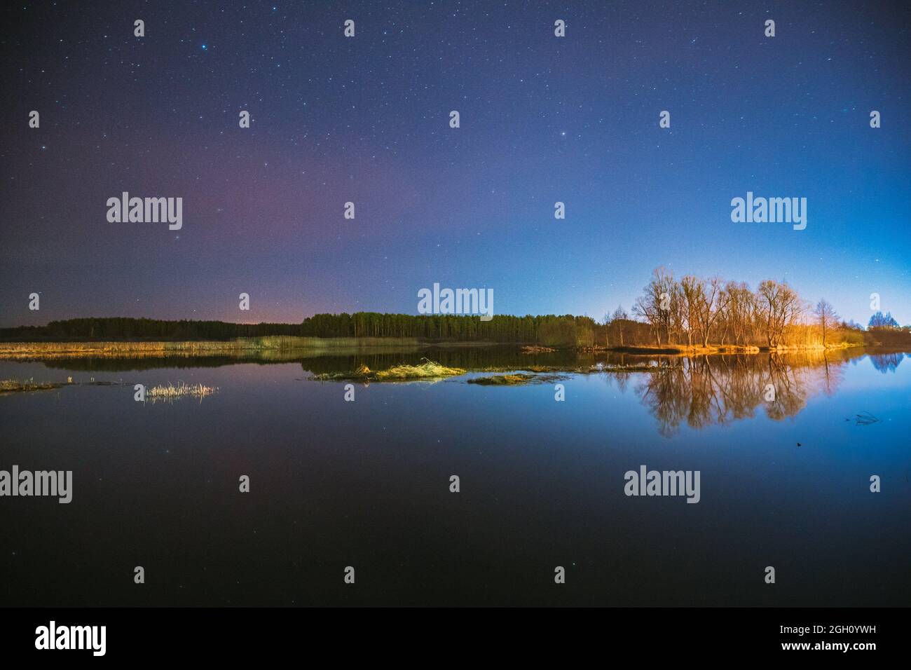 Belarus, Eastern Europe. Night Sky Stars Above Countryside Landscape ...