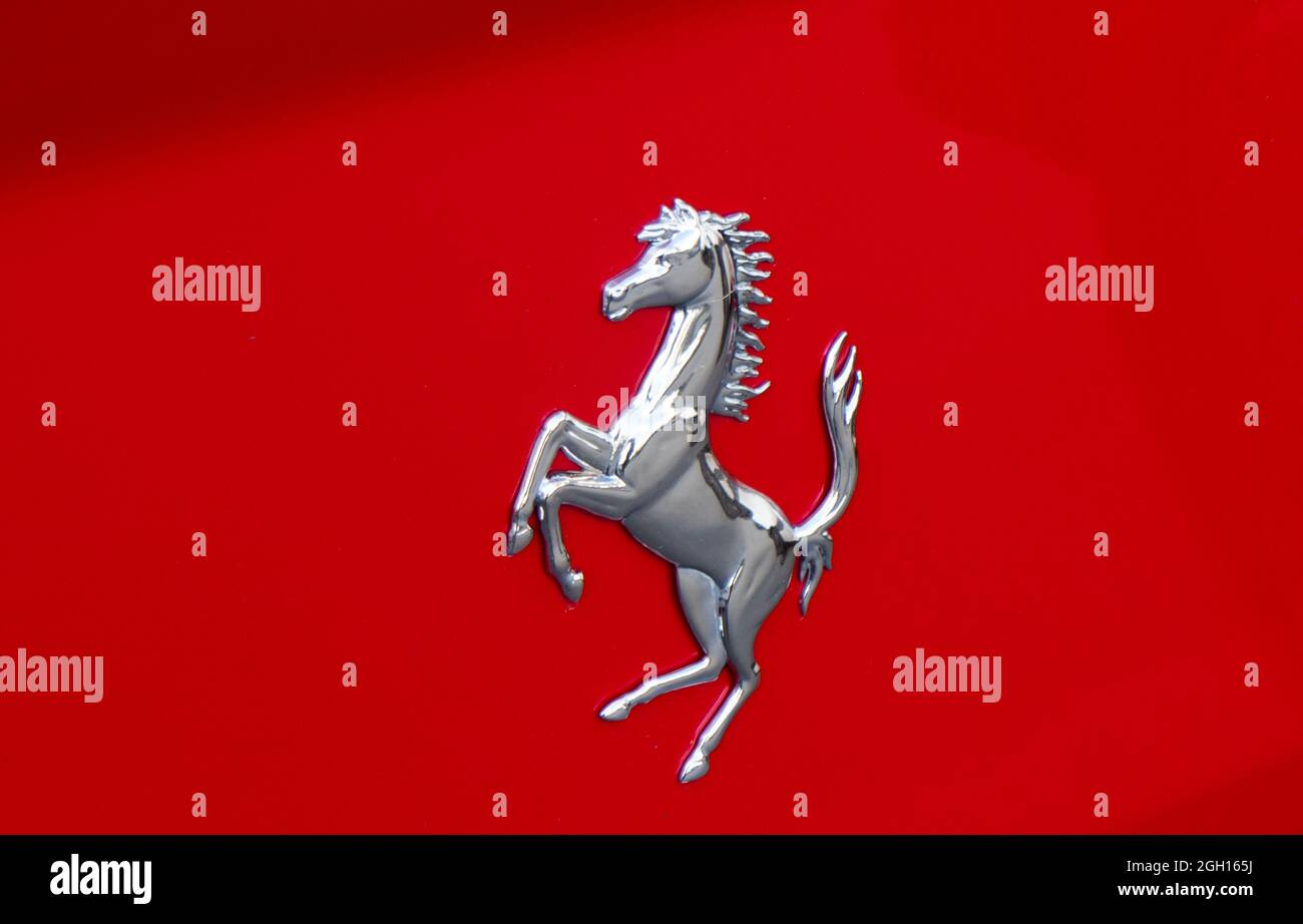 Sankt-Petersburg, Russia, September 1, 2021: Close up of a Ferrari logo ...