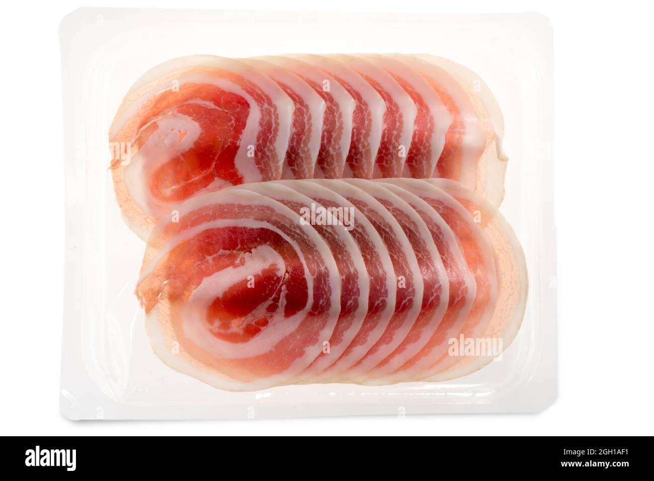 Italian rolled bacon, slices pancetta in plastic tray for sale in ...