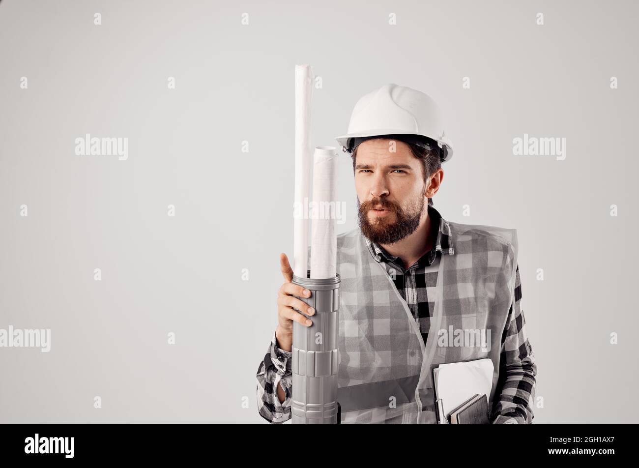 engineer with documents and drawings blueprints studio industry Stock ...