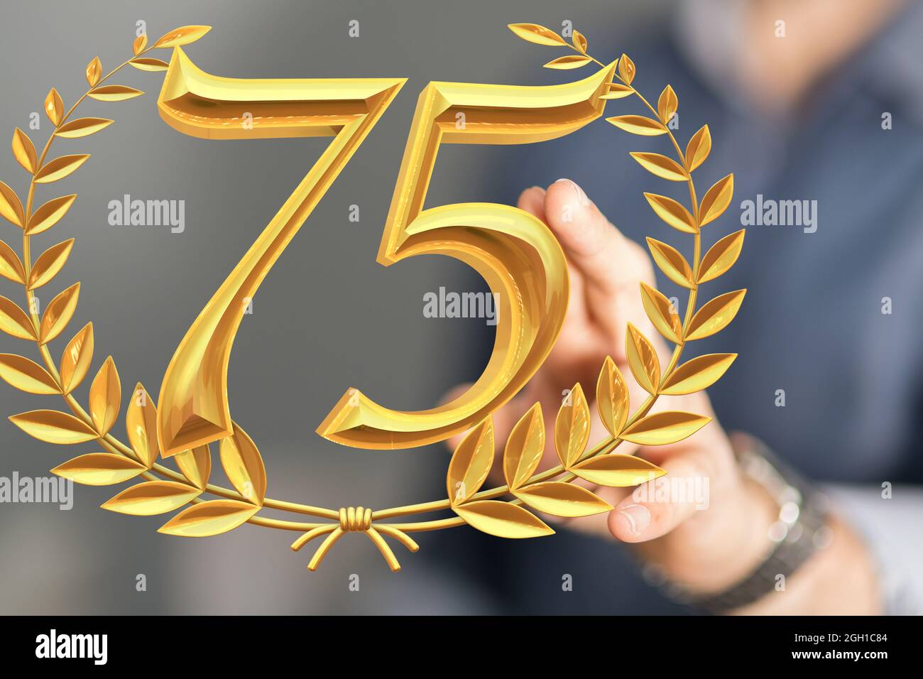 Digital 3d gold number 75 logotype for the anniversary, hand pointing ...