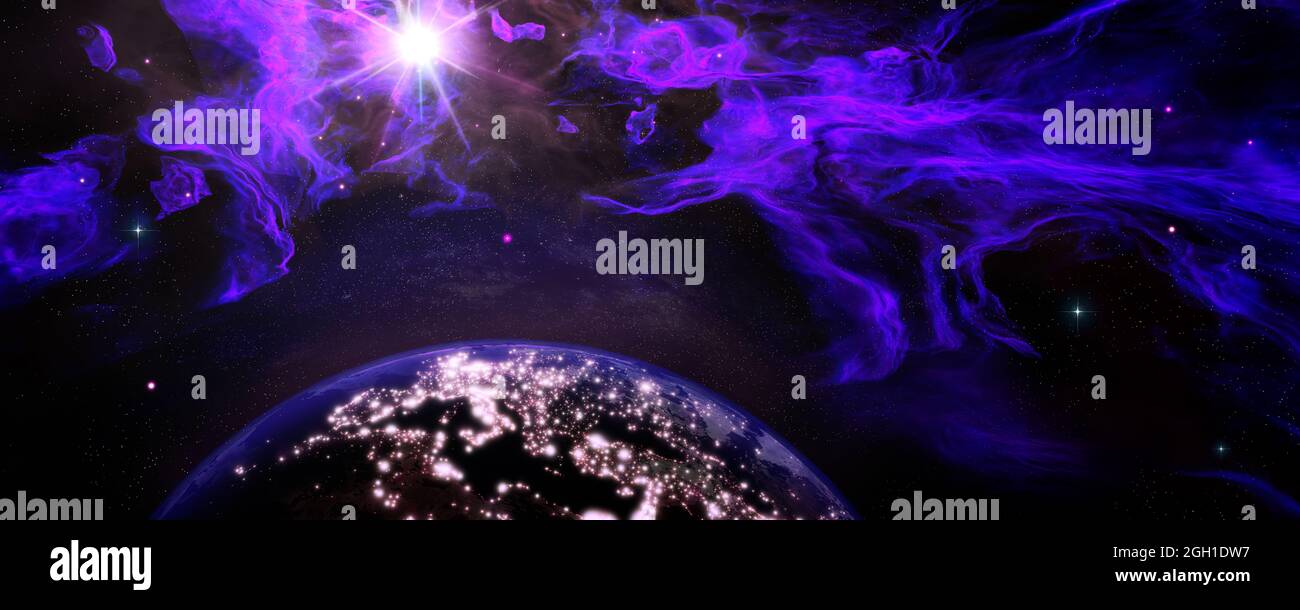 Cosmic background. Universe space background with Earth, Nebula and ...