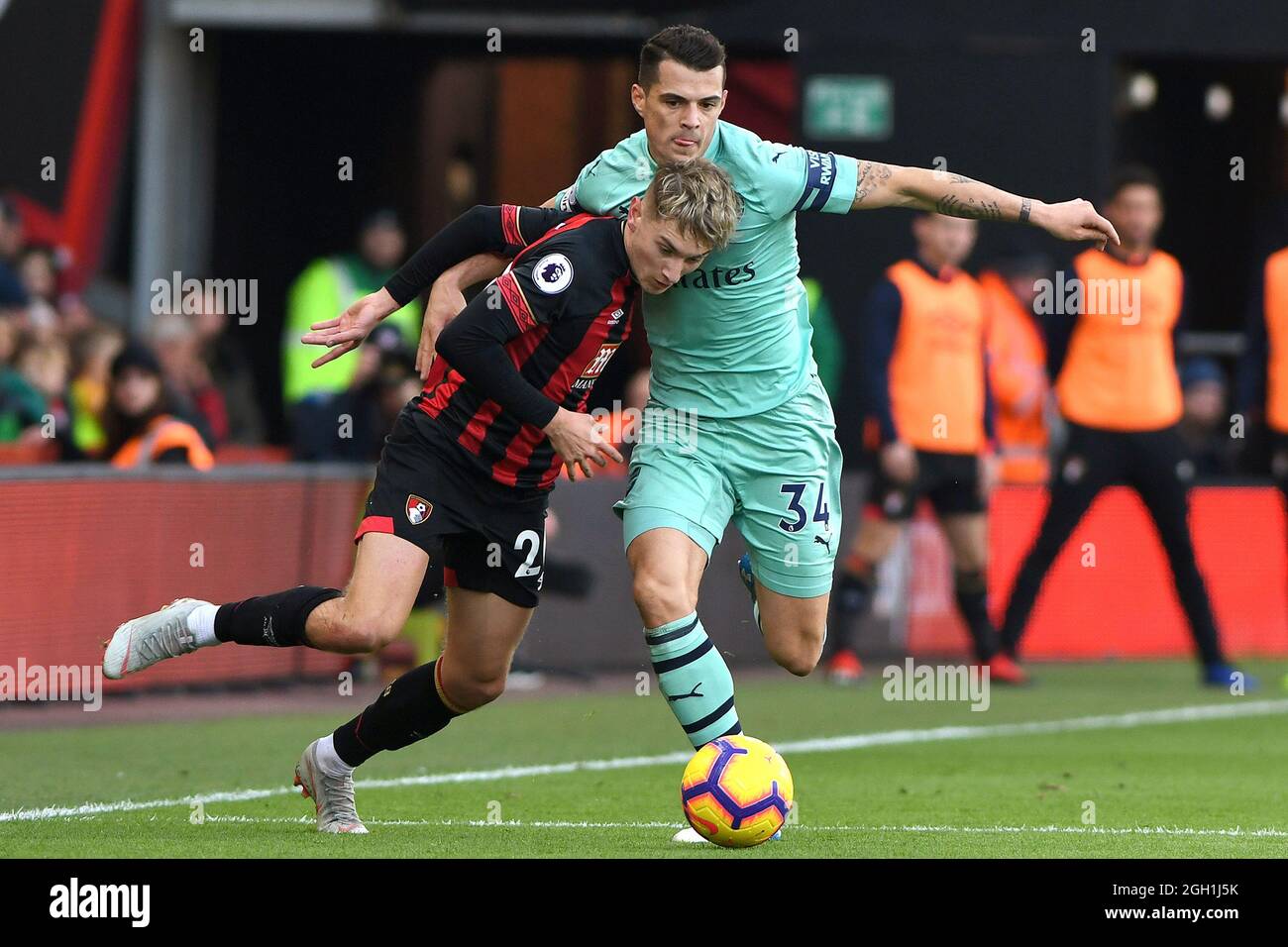 David Brooks of AFC Bournemouth battles with Granit Xhaka of Arsenal ...