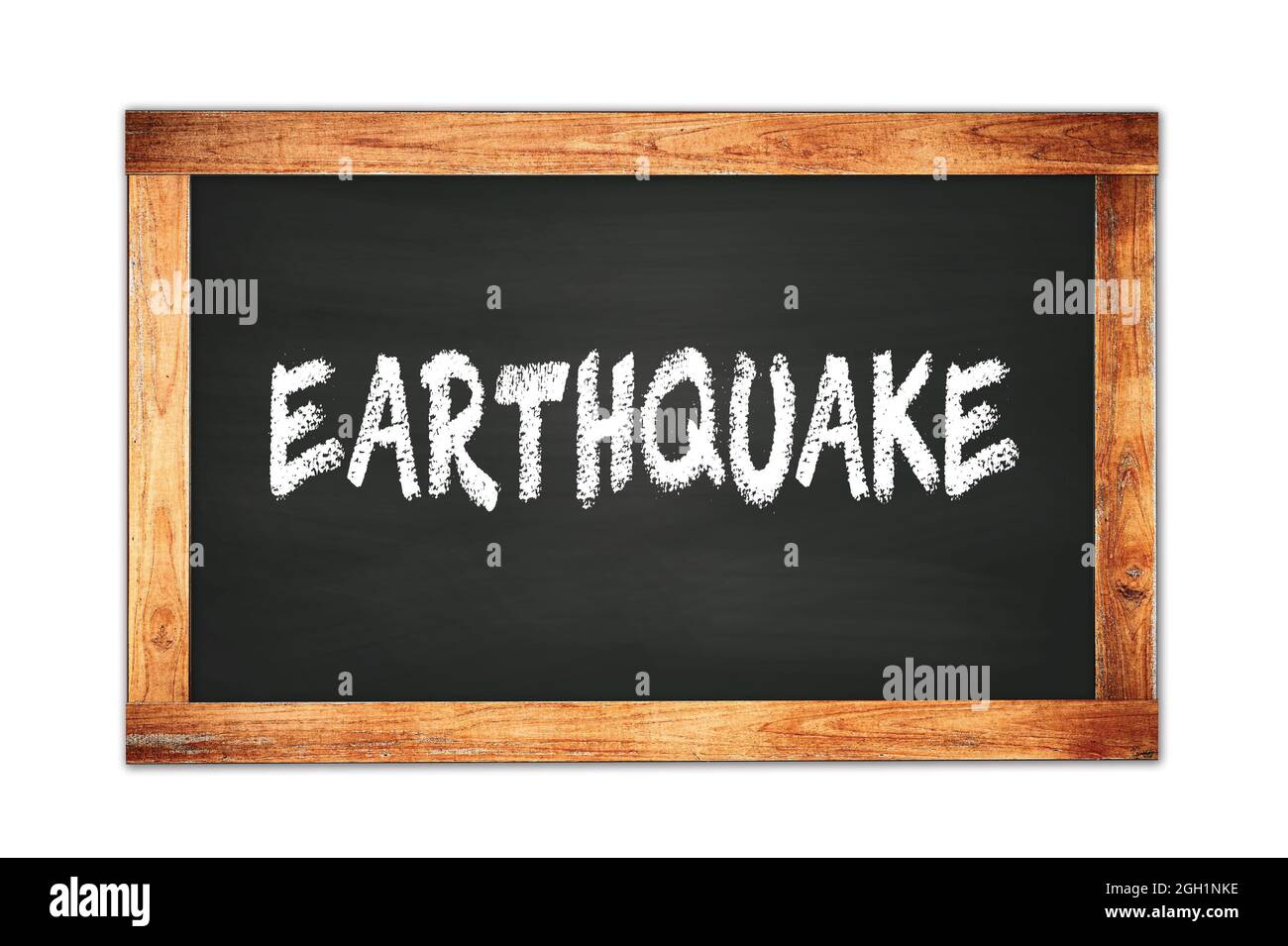 EARTHQUAKE text written on black wooden frame school blackboard Stock ...