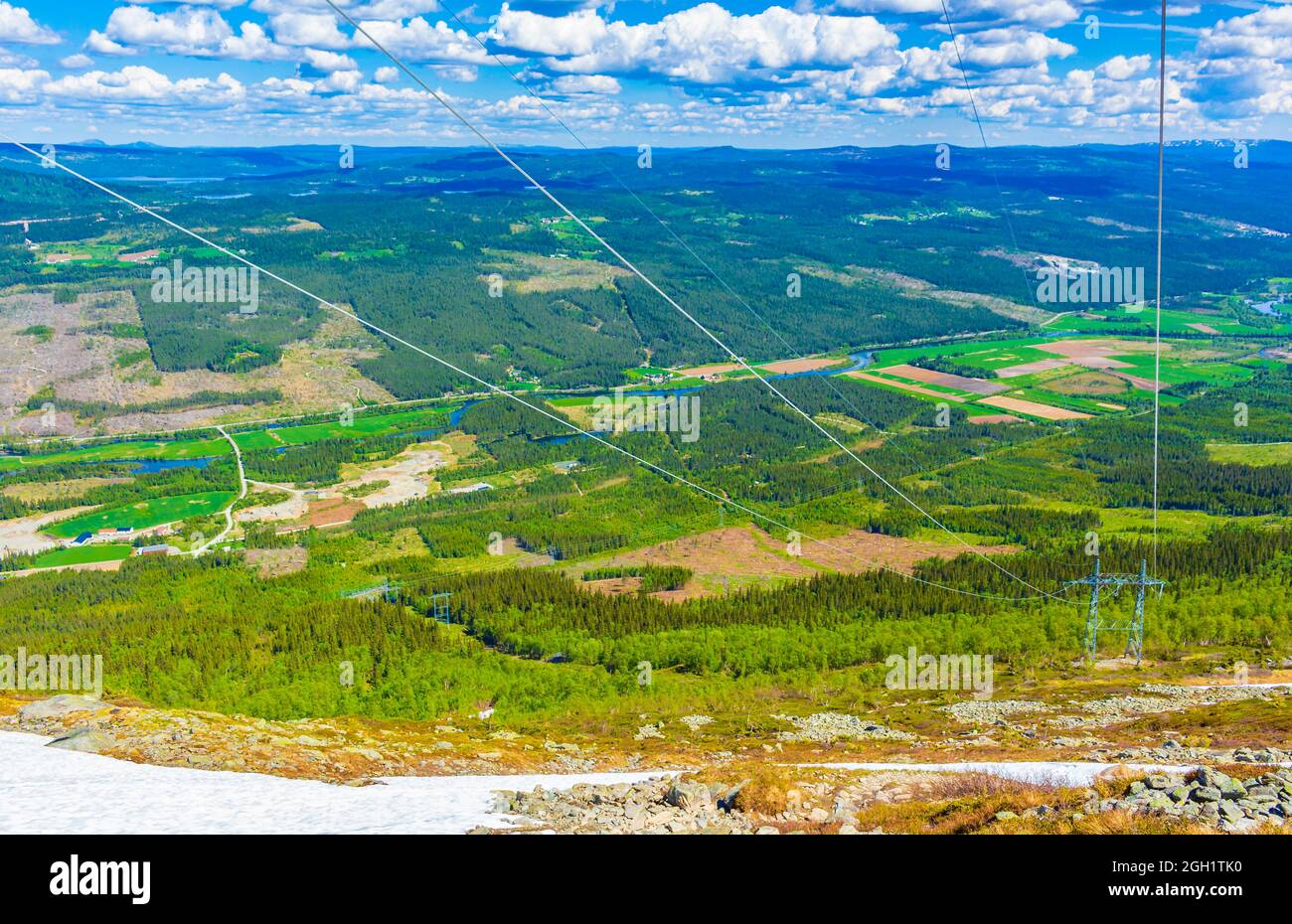 Power pole at beautiful valley landscape panorama Norway of Hydalen ...