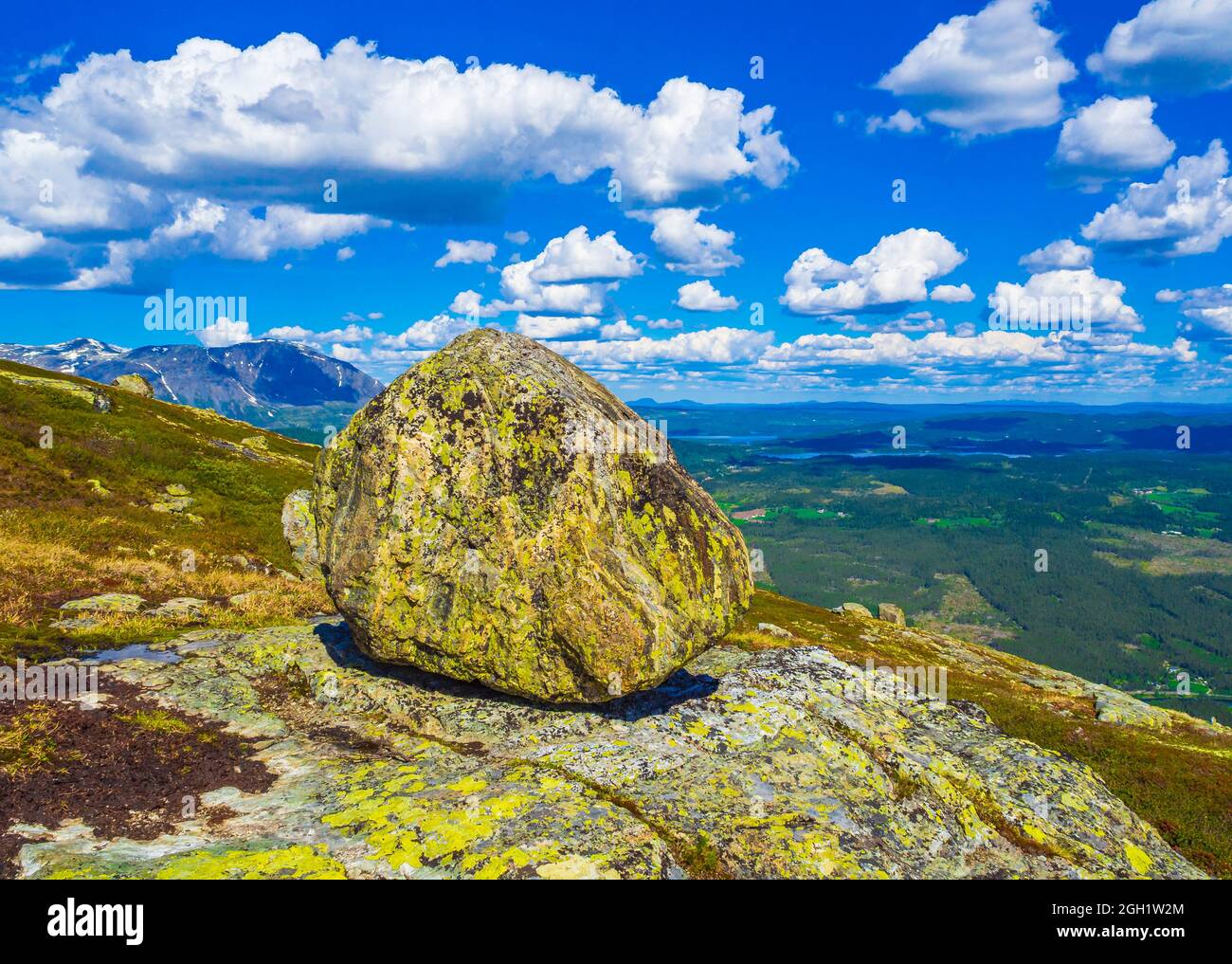 Huge rock big boulder and beautiful valley landscape panorama Norway of ...