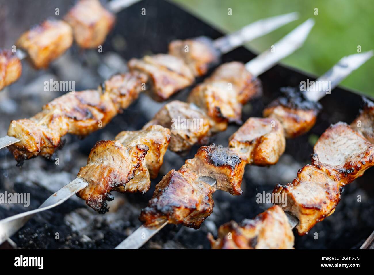 Barbecue meat on skewers. Cooking shashlik on the mangal in nature ...