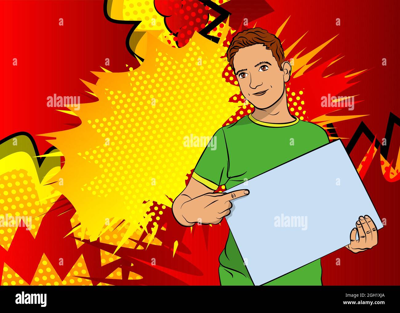 Comic book illustrated happy man holding a blank board. Portrait of ...