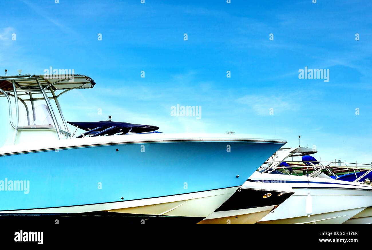 Boat on stand on the shore, close up on the part of the yacht, luxury ...