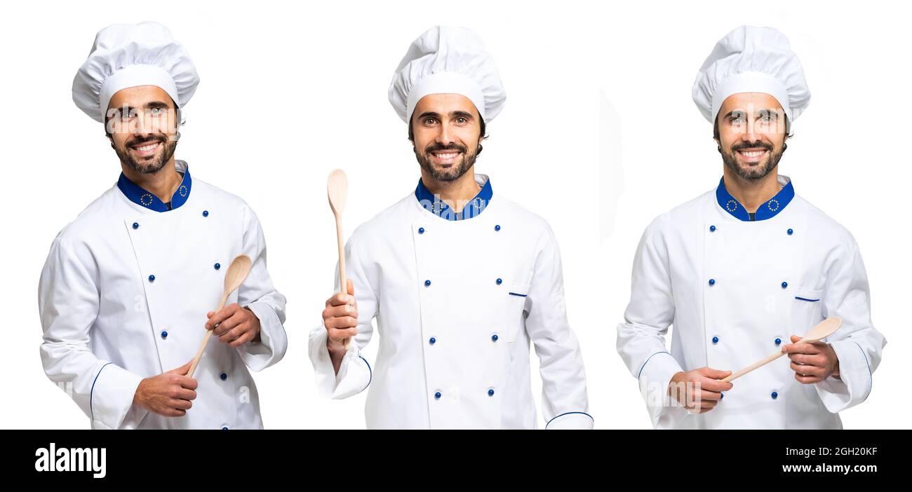 Collage of three pictures showing a handsome chef isolated on white ...