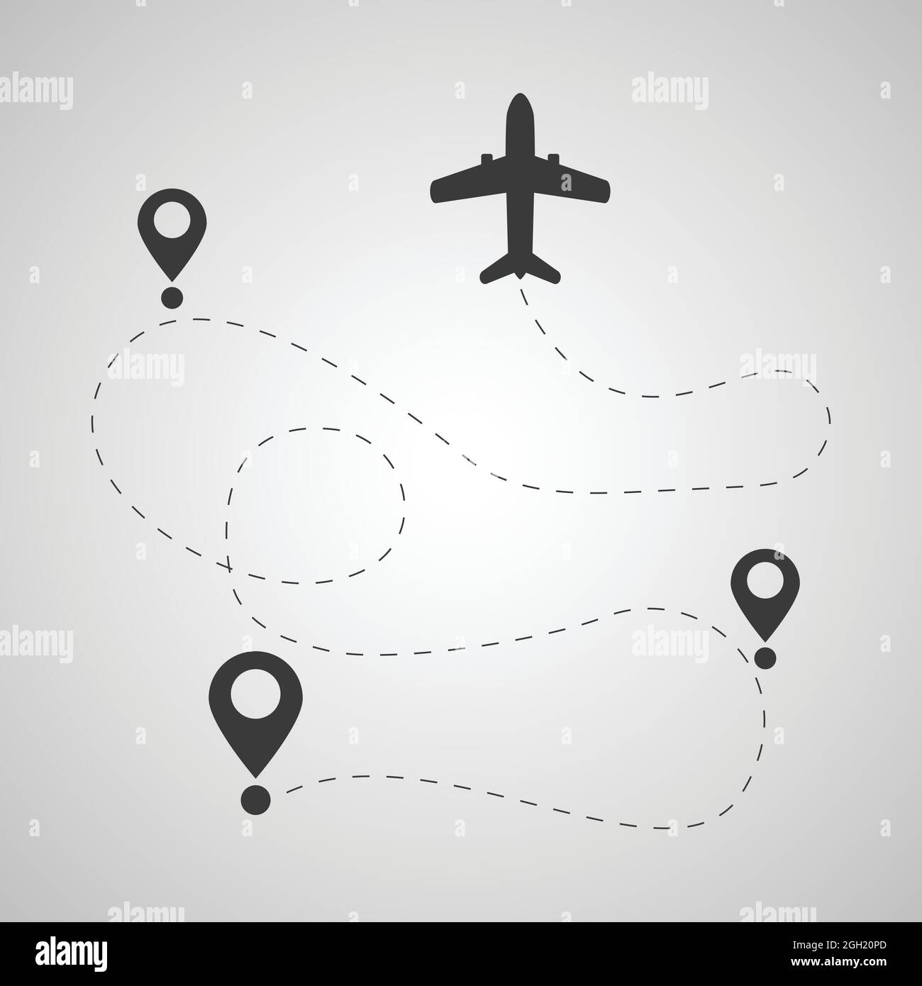 An imaginary flight path of an airplane with dotted lines and pins ...