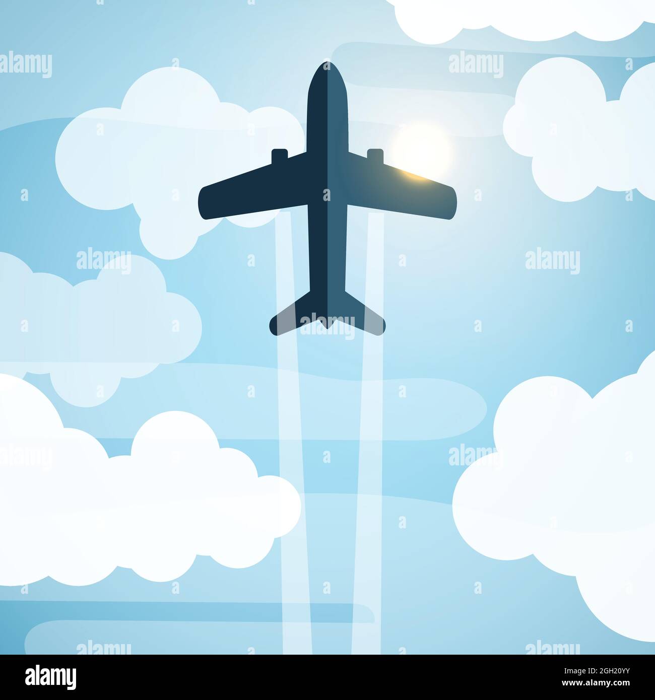 Bottom view of airplane flying in blue sky and clouds under sun Stock ...