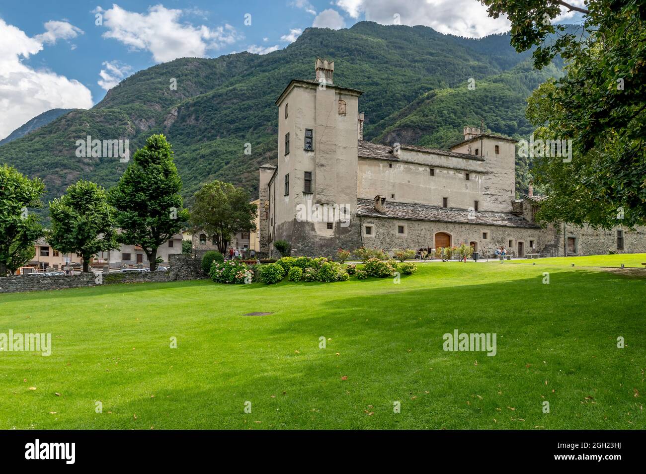 The ancient castle of Issogne, Aosta Valley, Italy, on a sunny summer ...