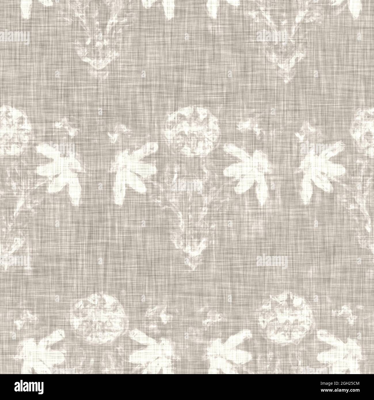 Hand drawn grey flower motif linen texture. Whimsical garden seamless ...