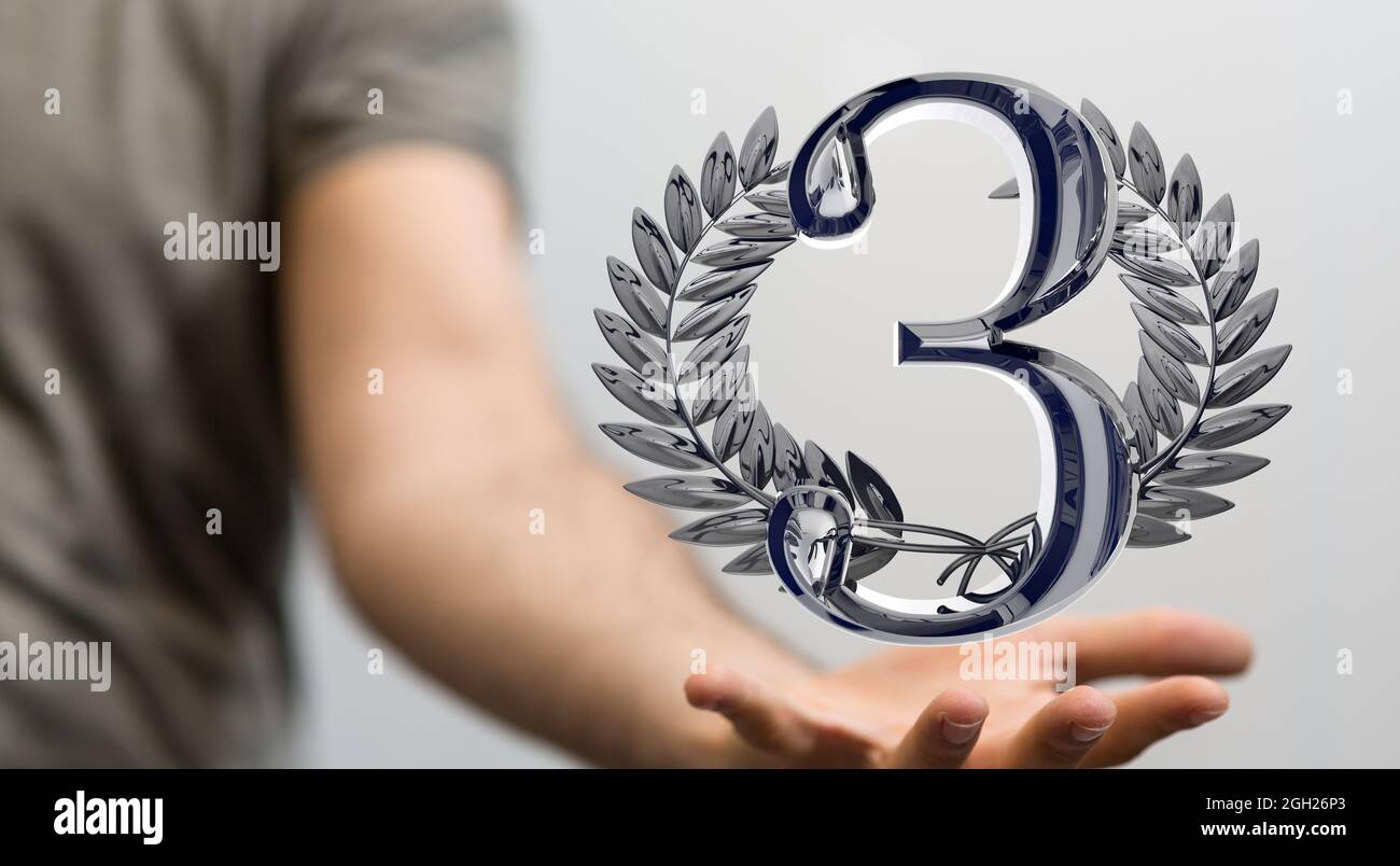 Digital 3d silver number 3 for anniversary floating on the hand Stock ...