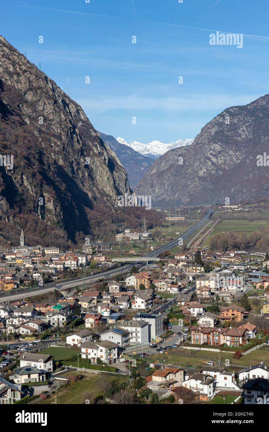 Forte di Bard, Valle d'Aosta, Italy. Aerial view of the Italian highway ...