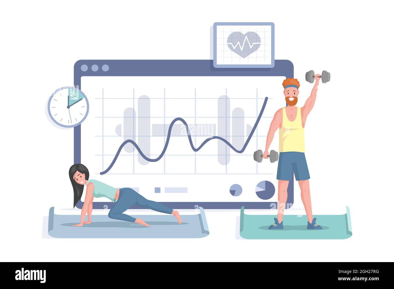 Happy smiling man and woman doing sport exercises on the background of ...