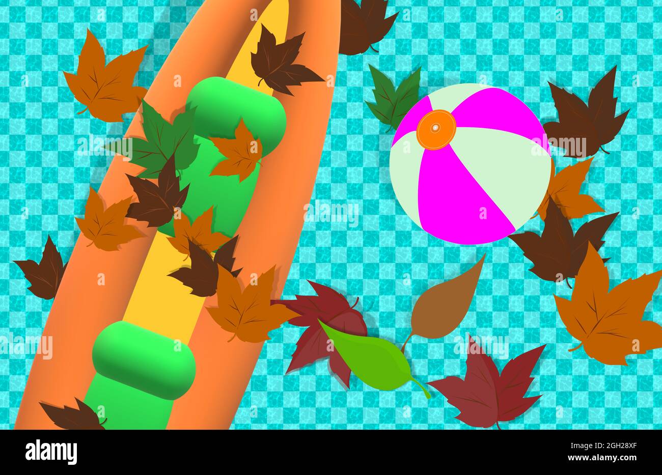 Canoe. End of the summer season. Brown leaves and an inflatable ball ...