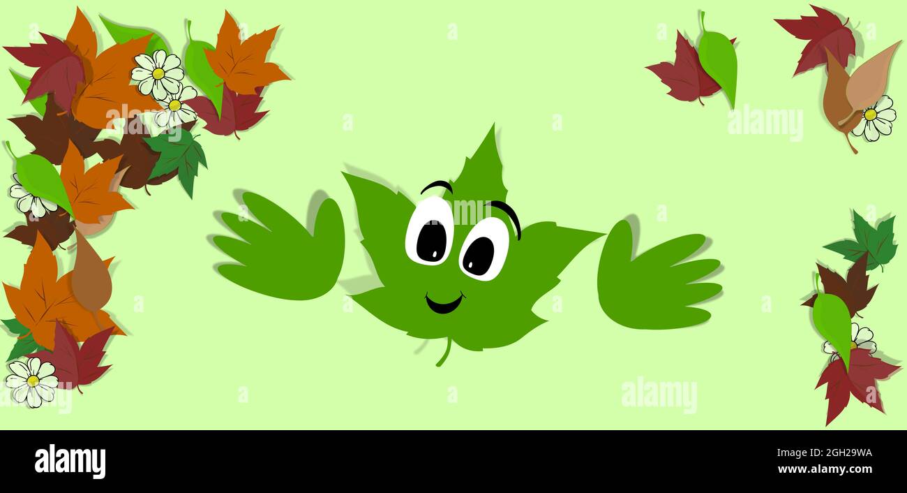 AUTUMN. Leaf sending a virtual hug. Floral theme. Face with expression ...