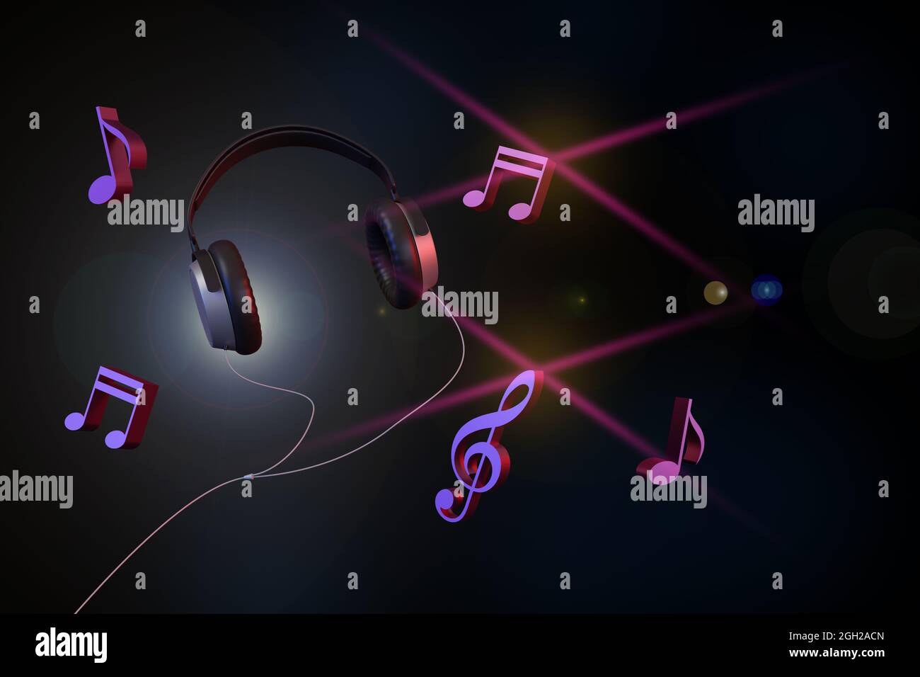 Headphones and music notes on dark background. 3d illustration Stock ...