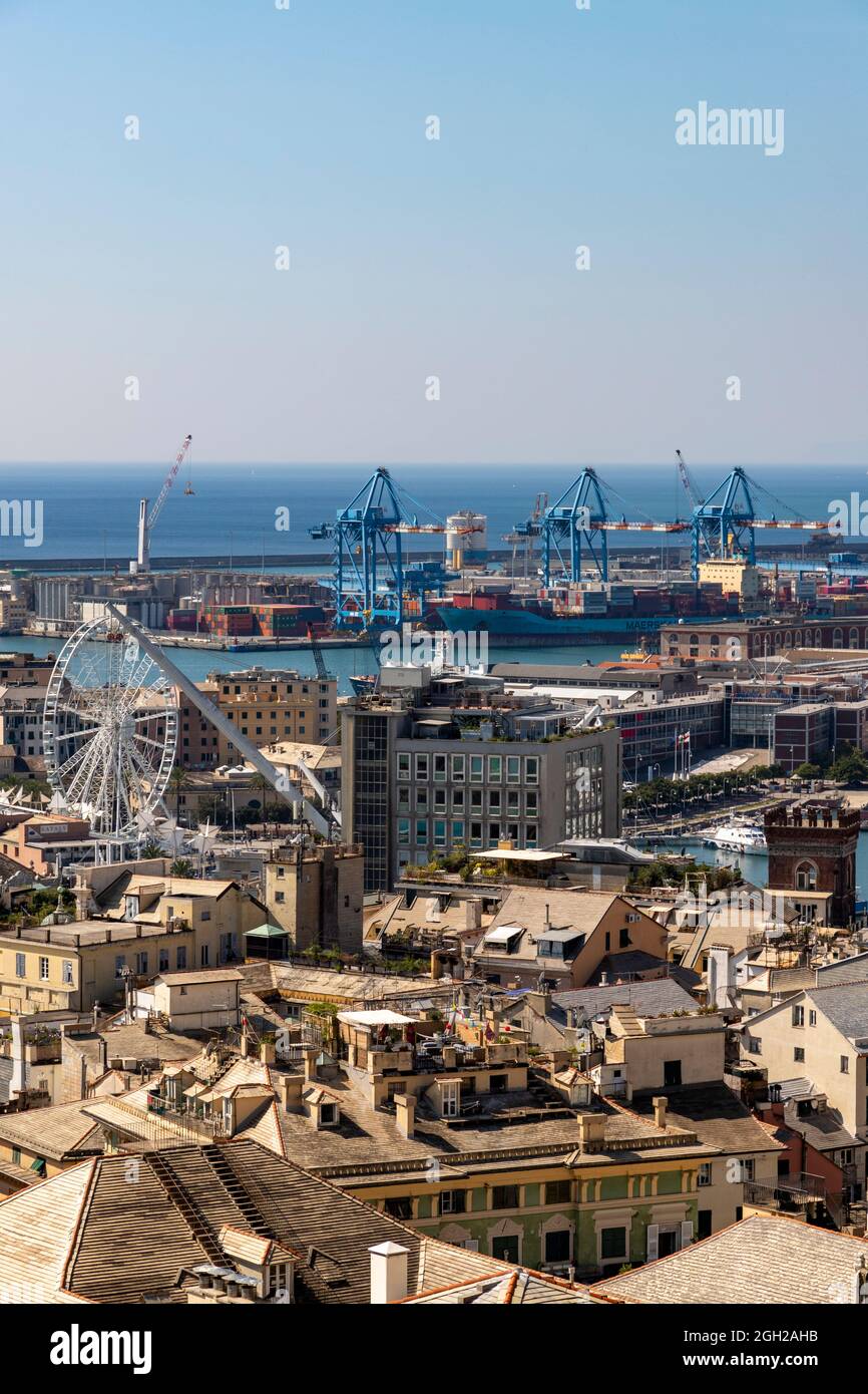 Genova, Italy. Aerial cityscape view of Genoa's old town, the old port ...