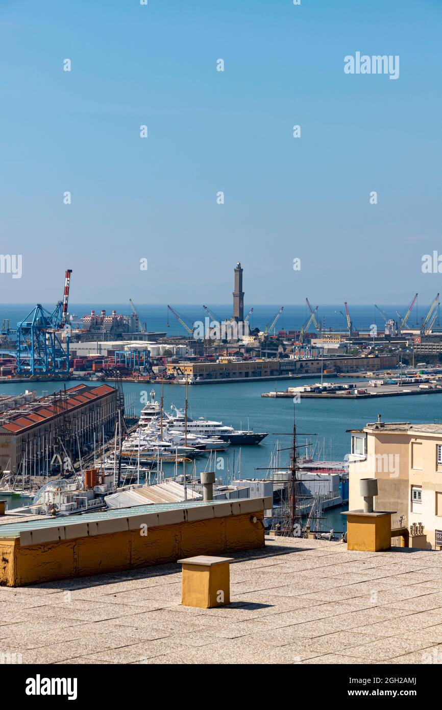 Genova, Italy. Aerial cityscape view of Genoa's old town, the old port ...