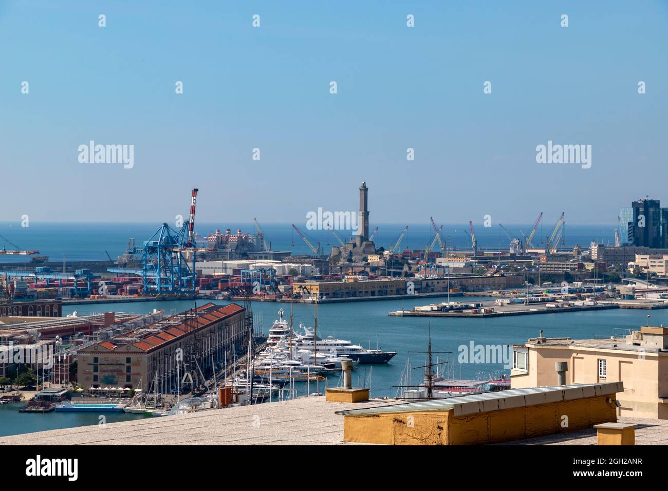 Genova, Italy. Aerial cityscape view of Genoa's old town, the old port ...