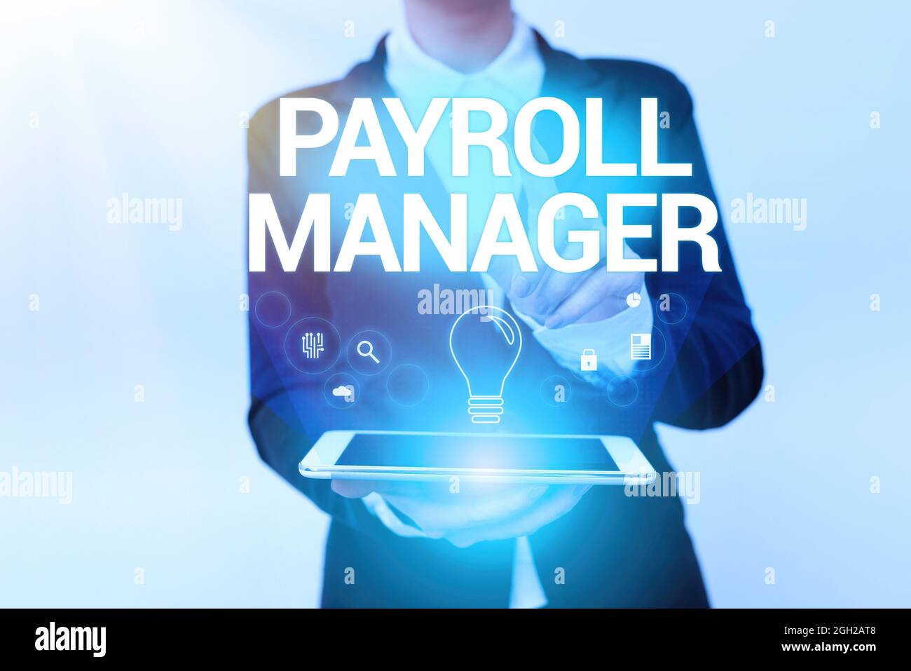 Text sign showing Payroll Manager. Business overview Maintains payroll ...