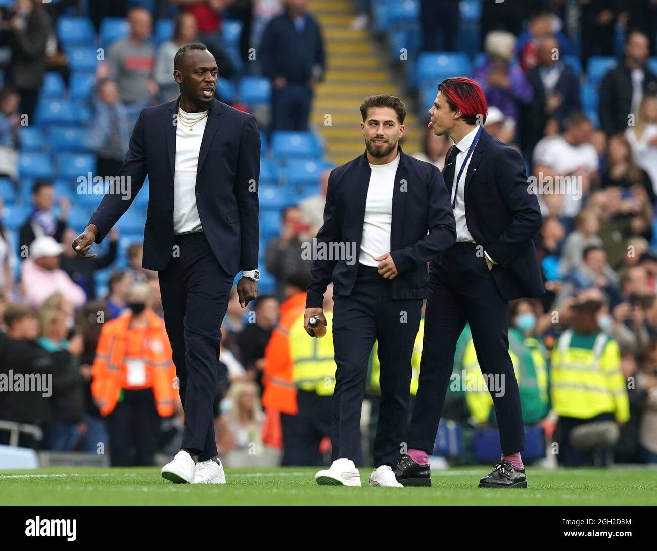 World XI's Usain Bolt, Kem Cetinay and Yungblud before the SoccerAid ...