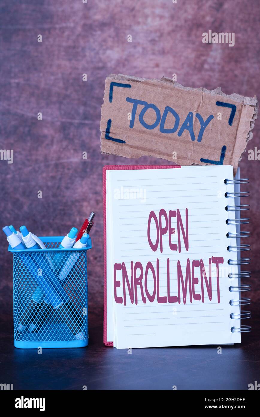 Text caption presenting Open Enrollment. Business showcase policy of ...