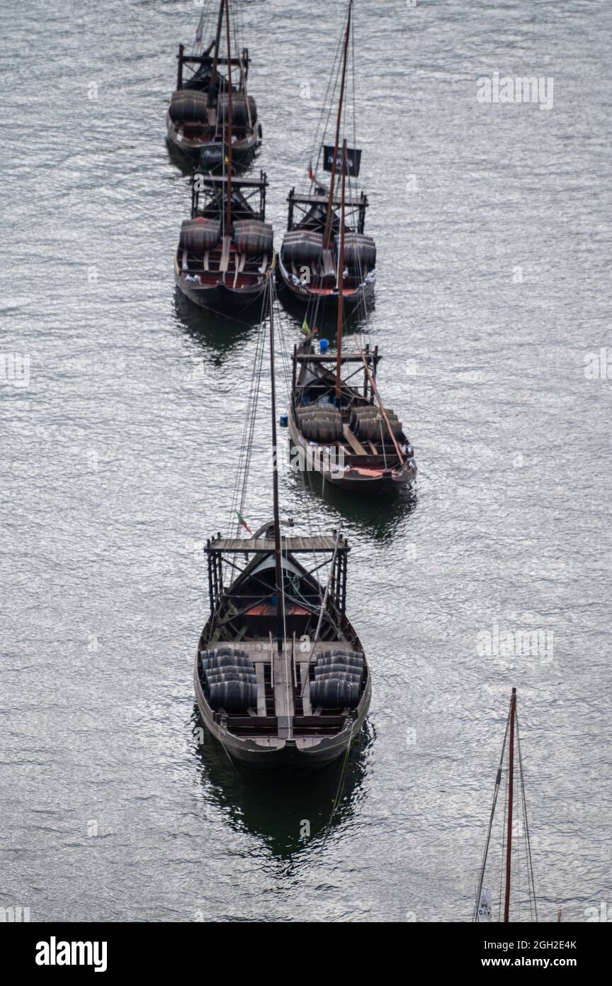 Old traditional wooden boat using for transportation wine barrels in ...