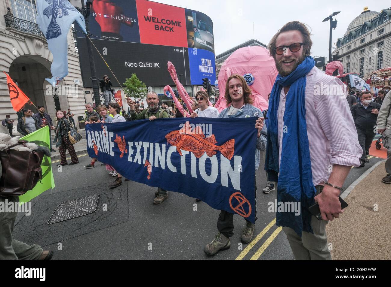 London, UK. Sep 4th 2021. Marine Extinction banner at Piccadilly Circus ...