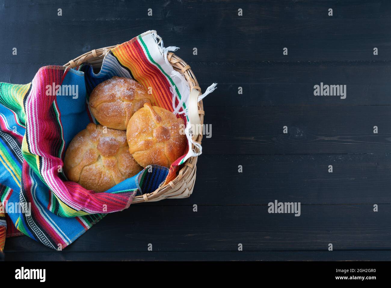 Bread of the dead in wooden basket on black background. Day of the dead ...