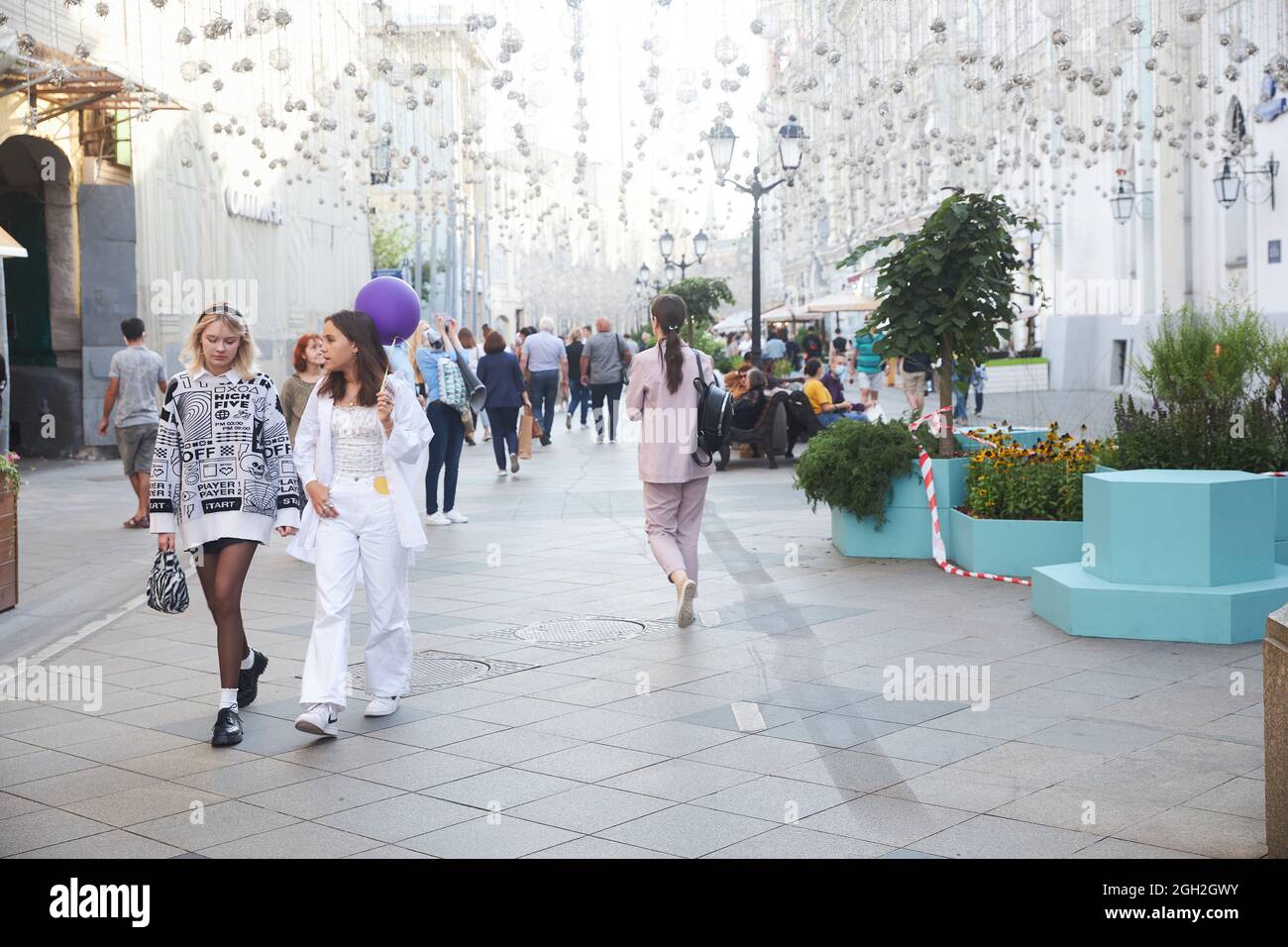 Moscow, Russia - 31 August, 2021, two fashionably dressed young girls ...