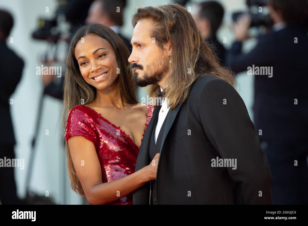 Zoe Saldana and Marco Perego attend the red carpet of the movie "The ...