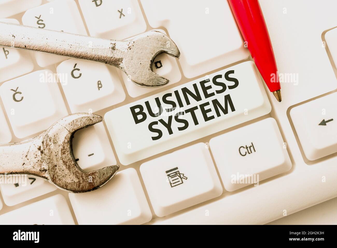 Hand writing sign Business System. Business showcase delivery mechanism ...