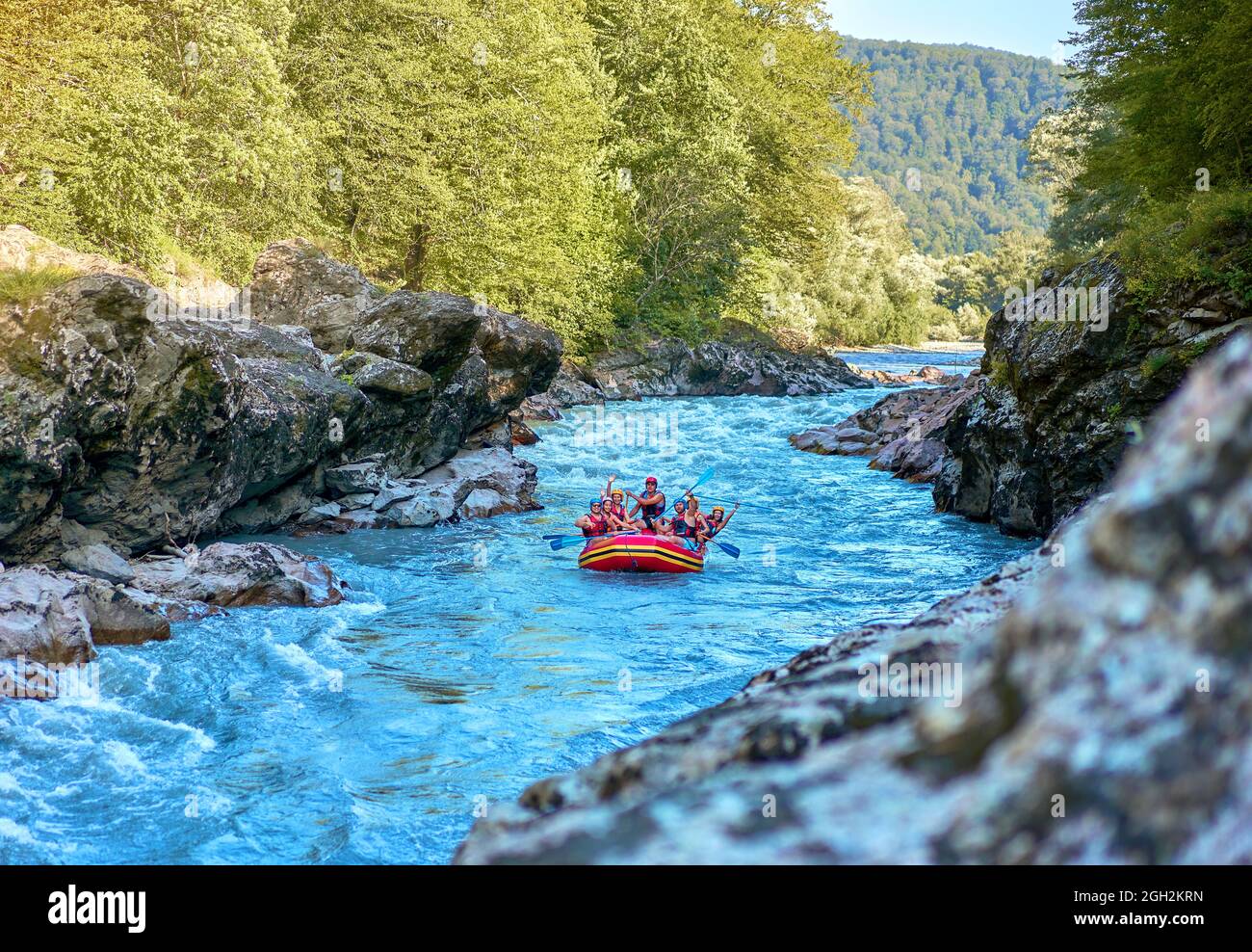 rafting on a large boat on a mountain river Stock Photo - Alamy