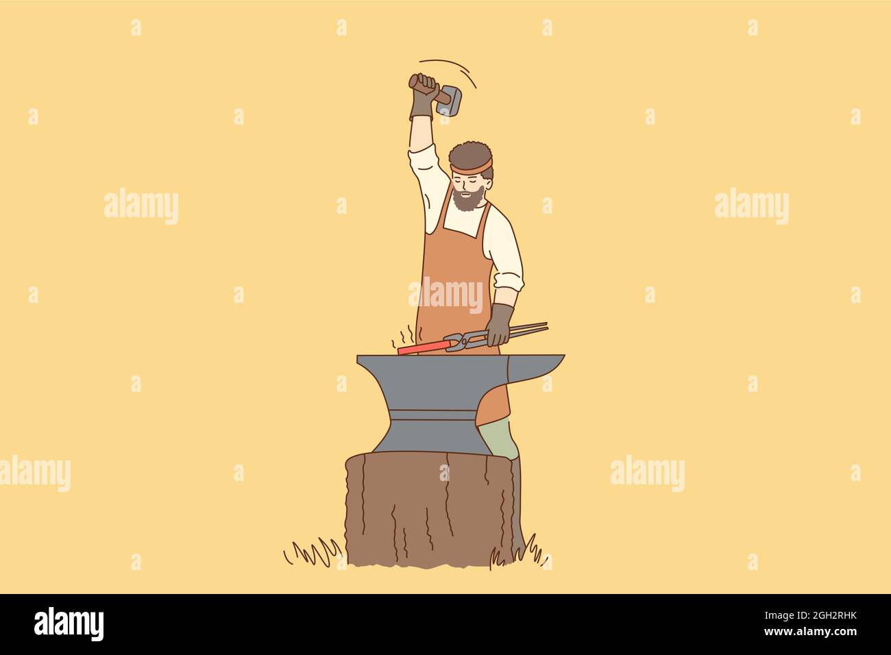 Work and tools of blacksmith concept. Young man blacksmith cartoon ...