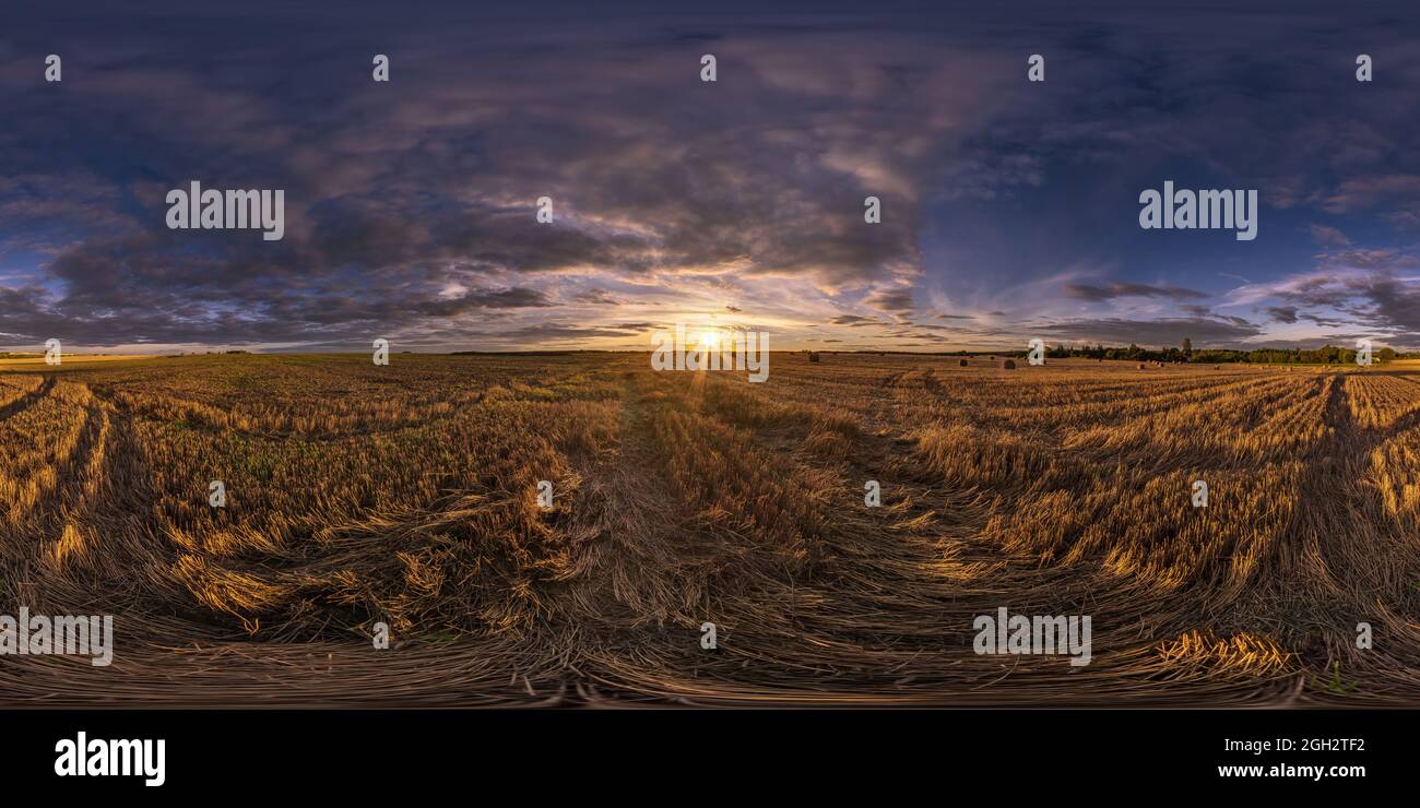 spherical evening hdri panorama 360 view among farming fields with ...