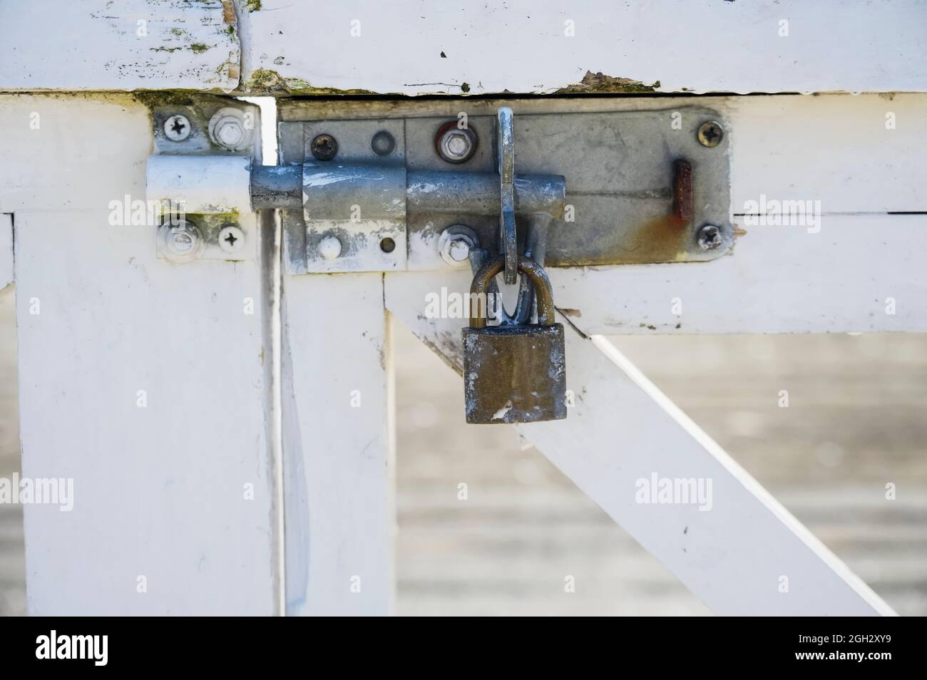 Padlock security latch on white wooden gate Stock Photo - Alamy