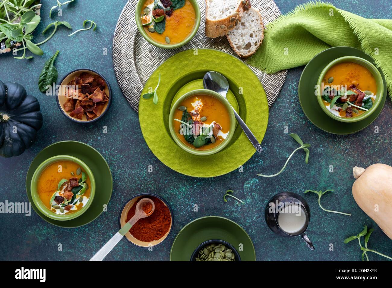 Top down view of bowls of butternut squash soup, ready for eating Stock ...