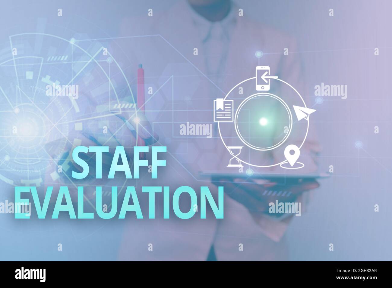 Hand writing sign Staff Evaluation, Word for assessment and review of a ...