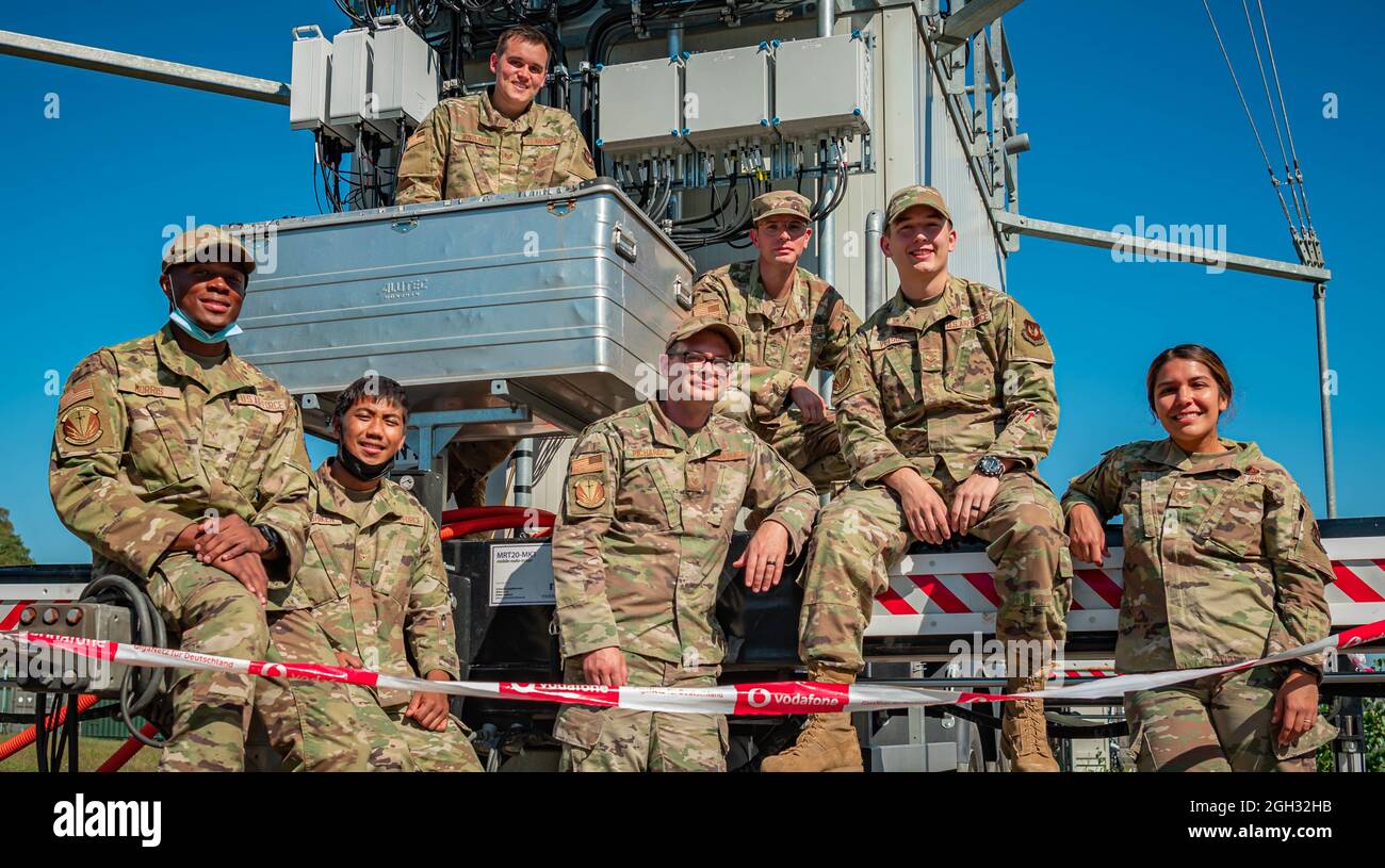 U.S. Air Force Airmen assigned to the 86th Communications Squadron, finalize the setup of a 5G ...